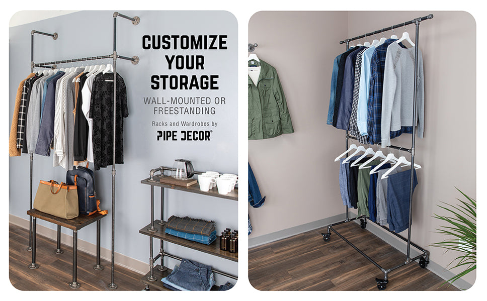 82 In Rolling Double Rod Clothing Rack Pipe Decor