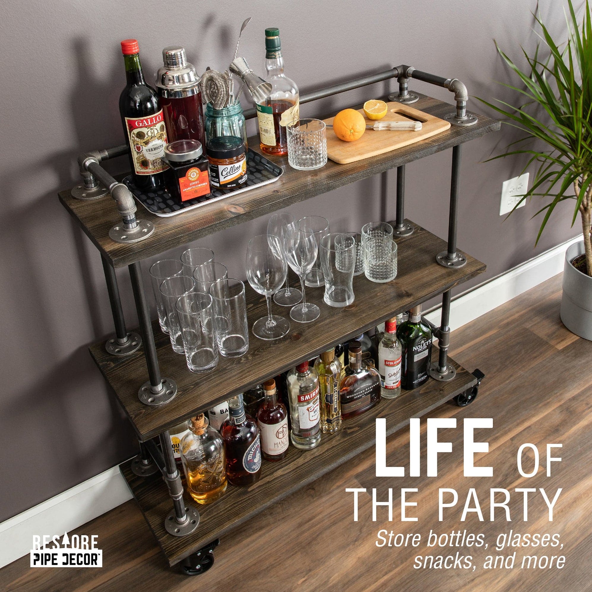 Three-tier Wood Shelf Industrial Bar Cart with Locking Wheels, Trail B ...