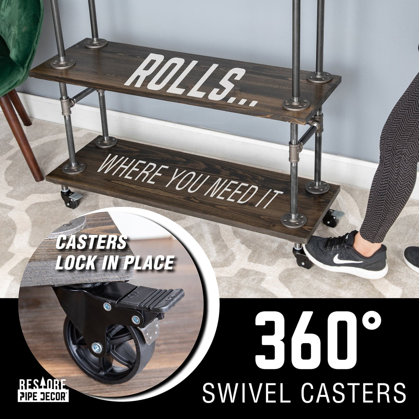 Three-tier Wood Shelf Industrial Bar Cart with Locking Wheels, Trail B ...