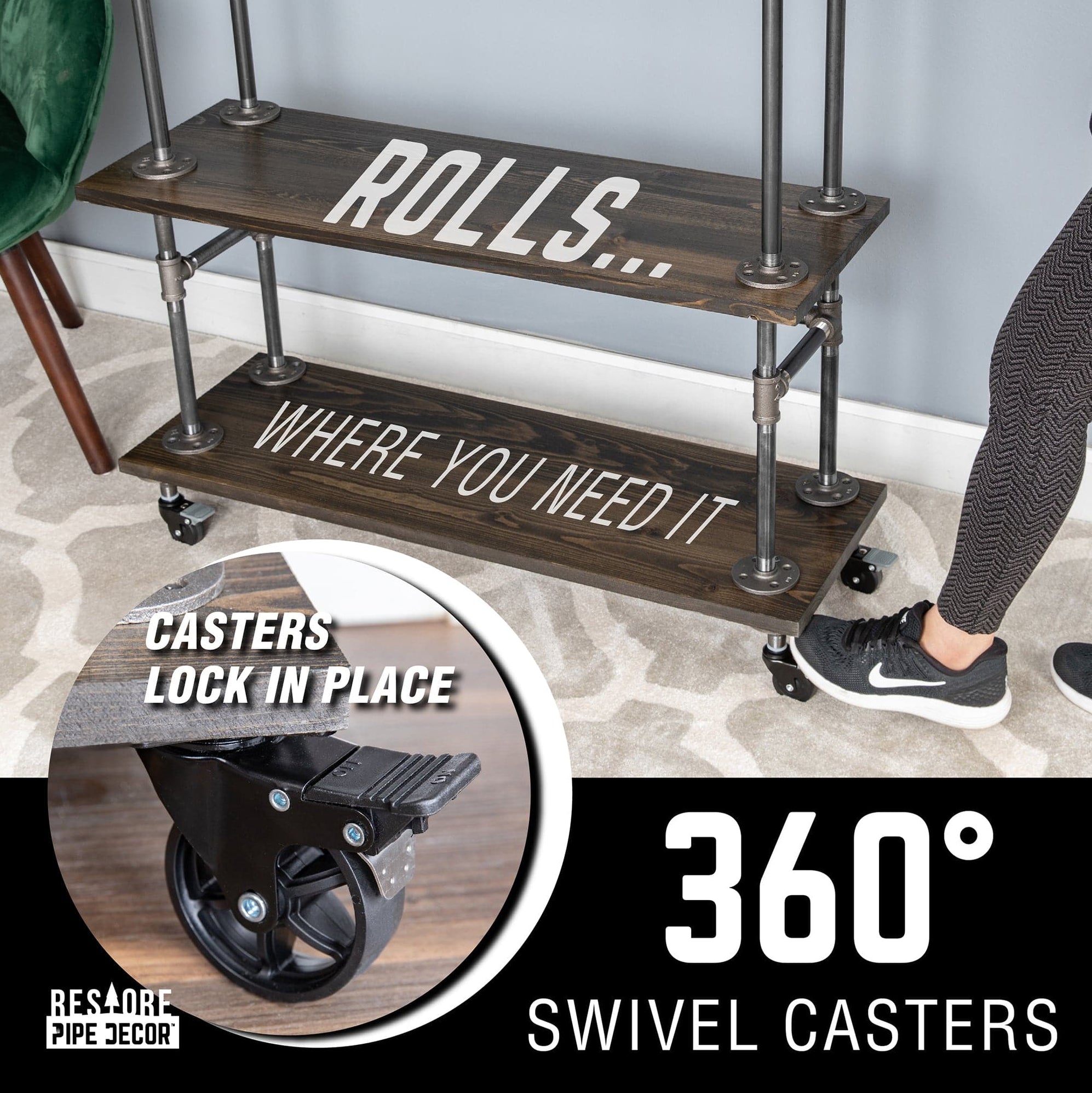 Three-tier Wood Shelf Industrial Bar Cart with Locking Wheels, Trail B ...