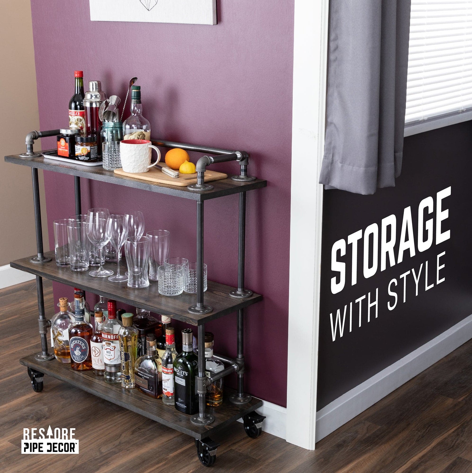 Three-tier Wood Shelf Industrial Bar Cart with Locking Wheels, Trail B ...
