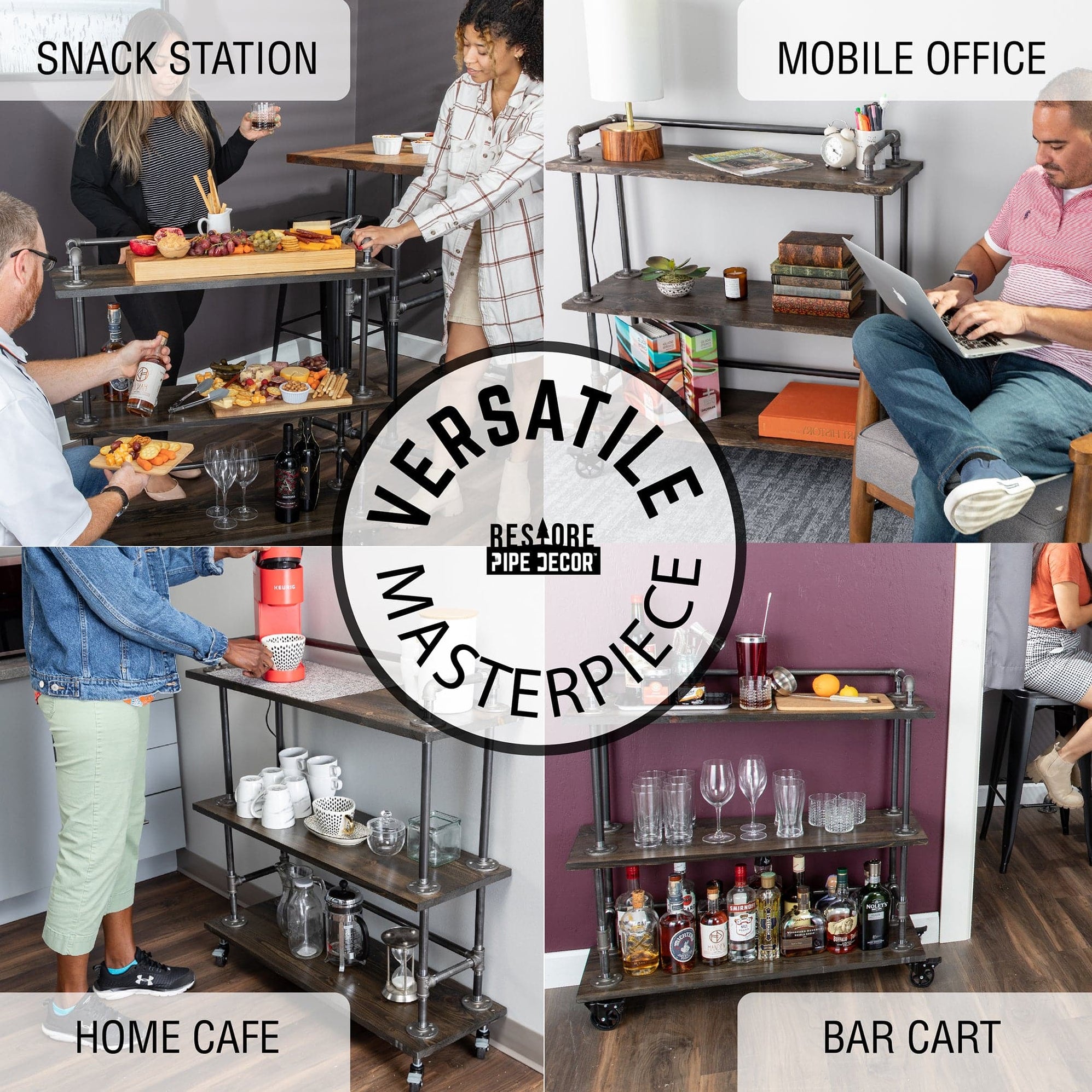 Three-tier Wood Shelf Industrial Bar Cart with Locking Wheels, Trail B ...