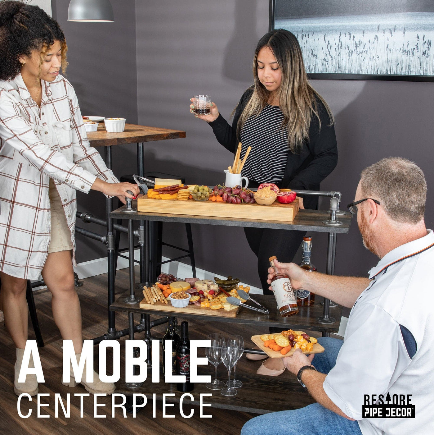 Three-tier Wood Shelf Industrial Bar Cart with Locking Wheels, Trail B ...