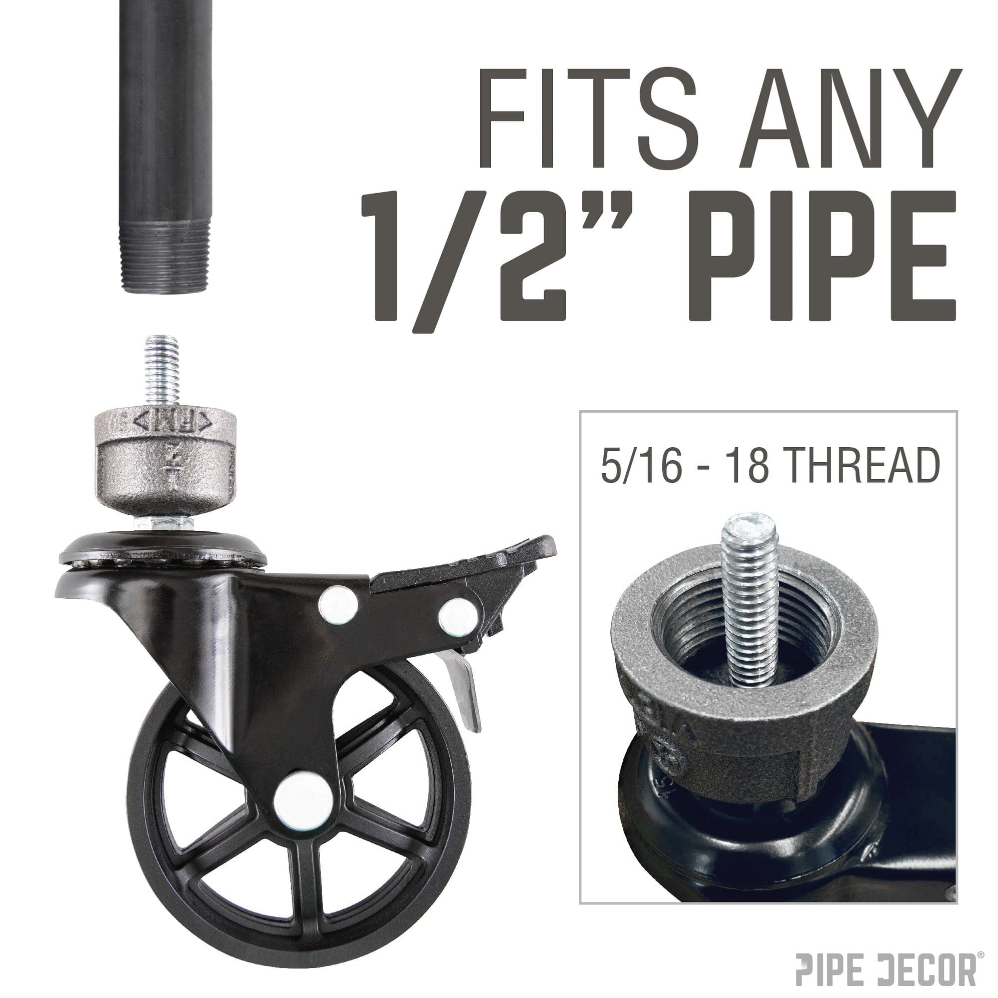 Swivel Caster Wheels for ½” Pipe with Locking Mechanism (4-Pack) — PIPE ...