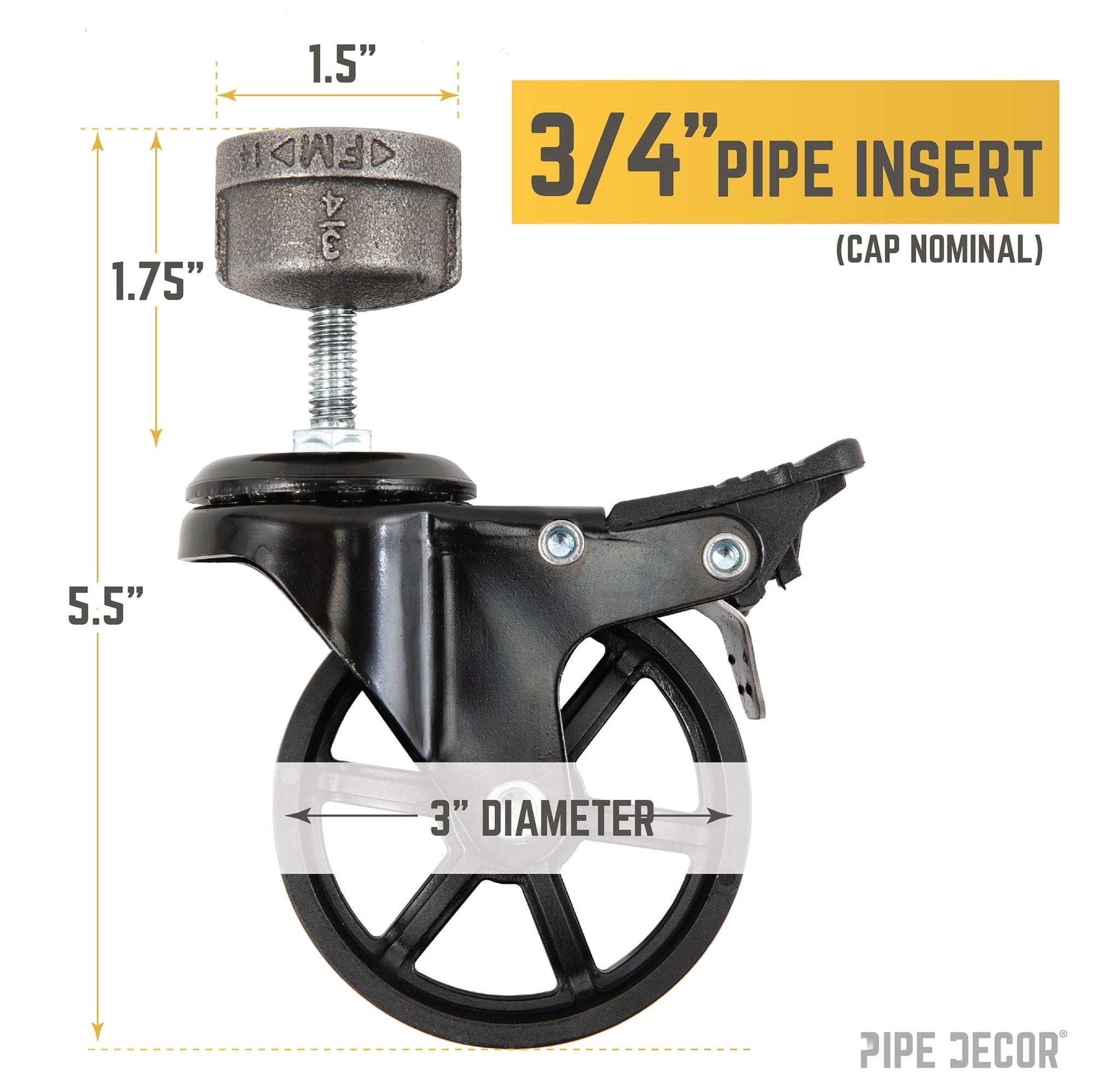 Swivel Caster Wheels for 1” Pipe with Locking Mechanism (4-Pack) — PIPE ...