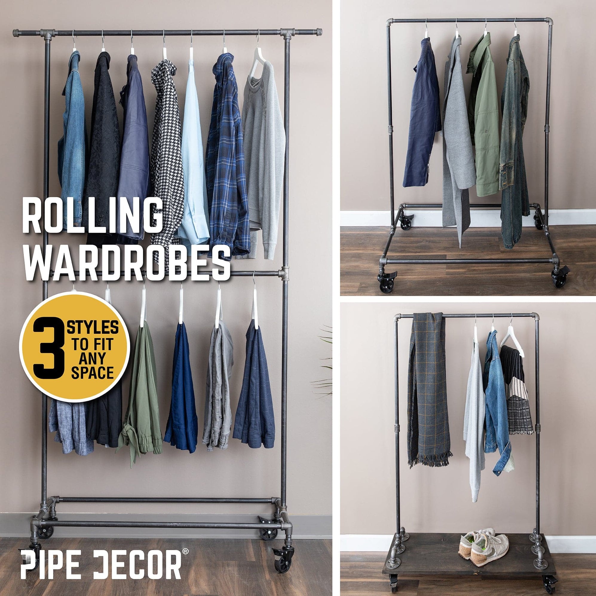 82 in. Rolling Double Rod Clothing Rack — PIPE DECOR