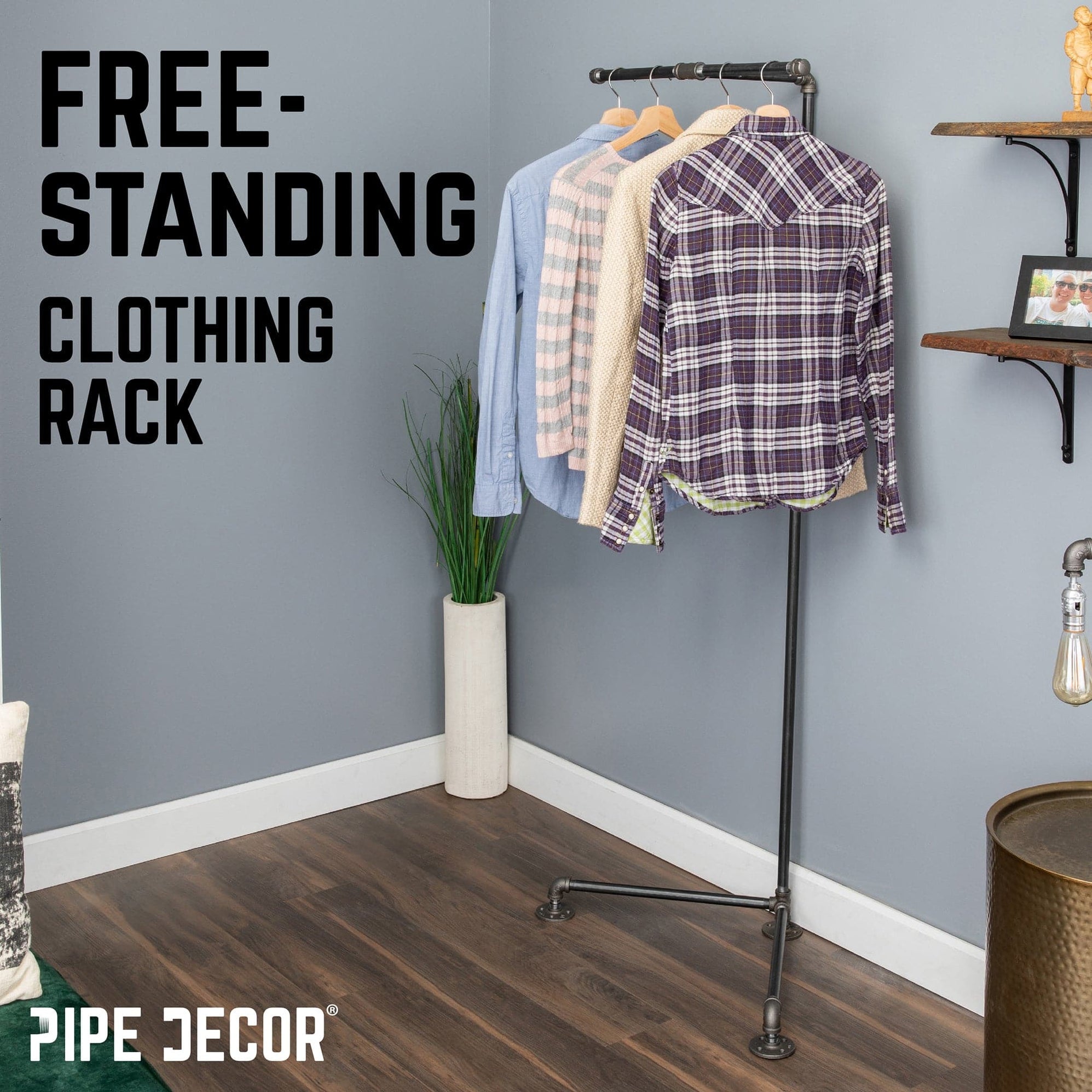 Freestanding Tee-Style Pipe Clothing Rack — PIPE DECOR