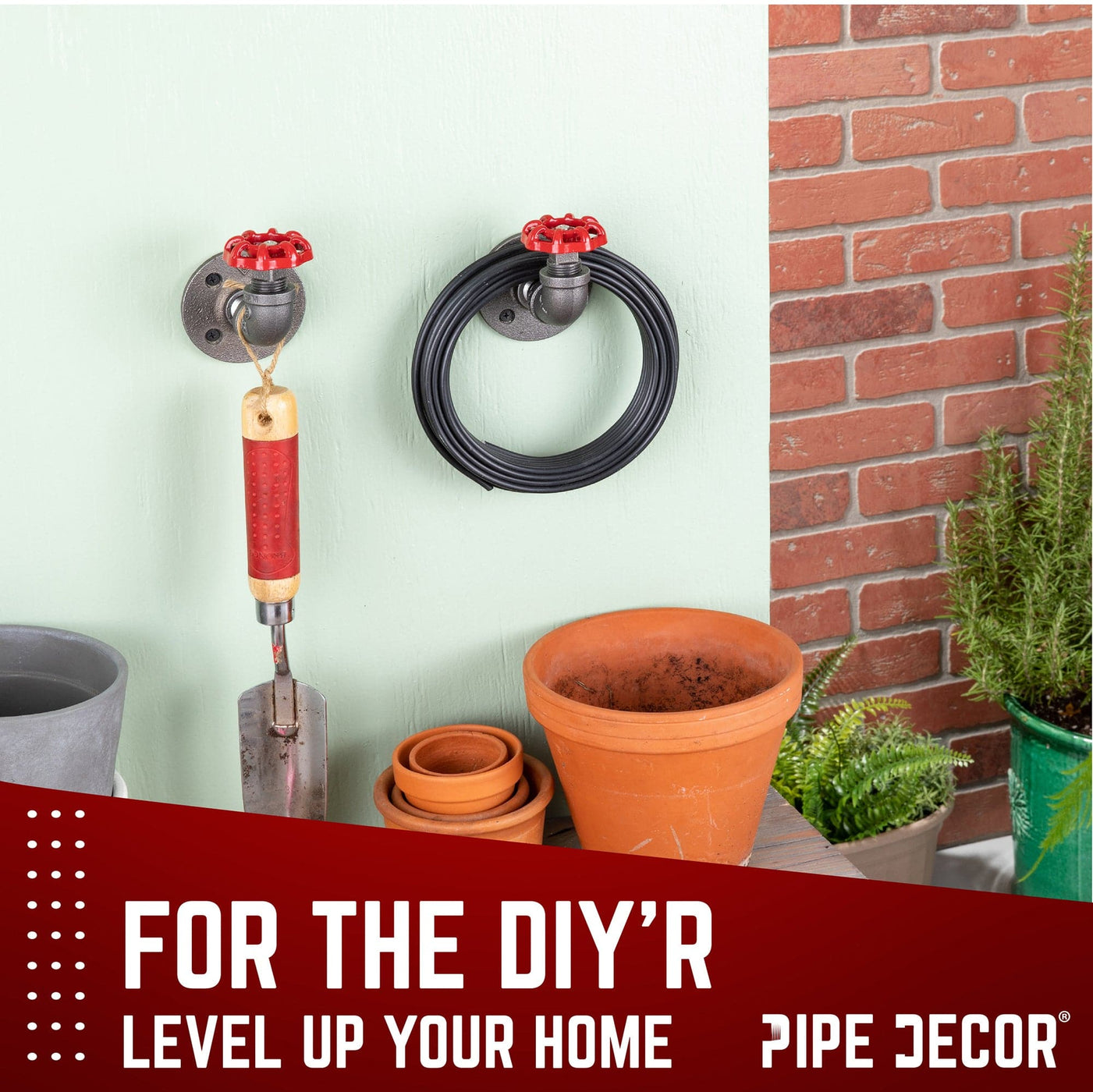 Red Industrial Curved Spigot Wall Hook with Flange (2-Pack) — PIPE DECOR