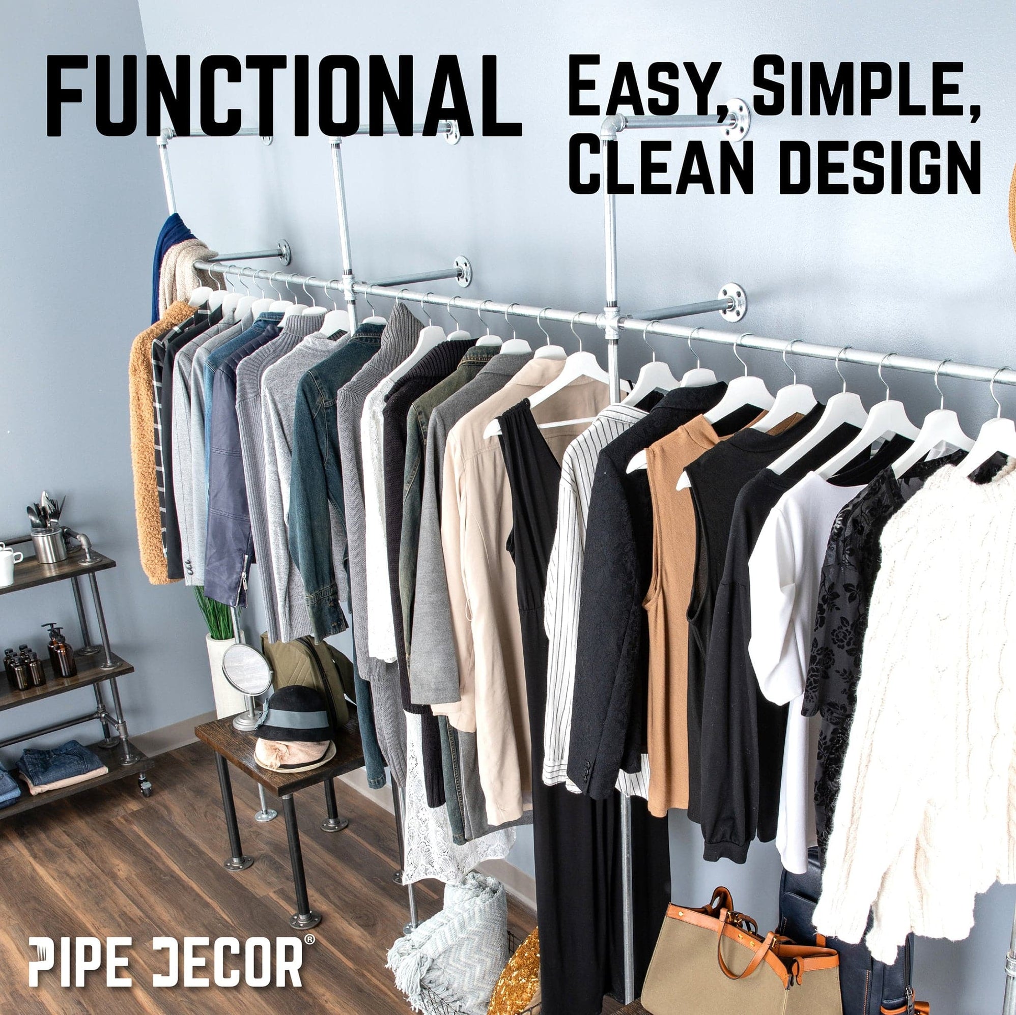 115 in. Galvanized Wall Mounted Clothing Rack, Triple — PIPE DECOR